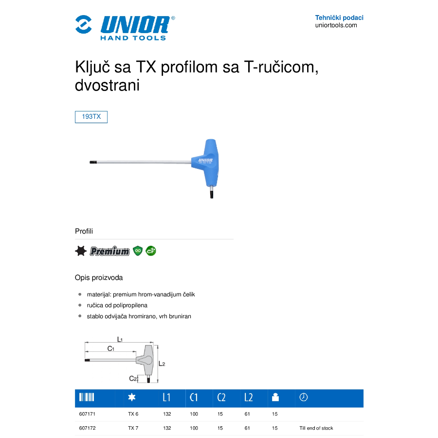 UNIOR KLJUČ SA T-RUČICOM SA TX PROFILOM TX25 193TX - UNIOR | Ecomex DOO ...