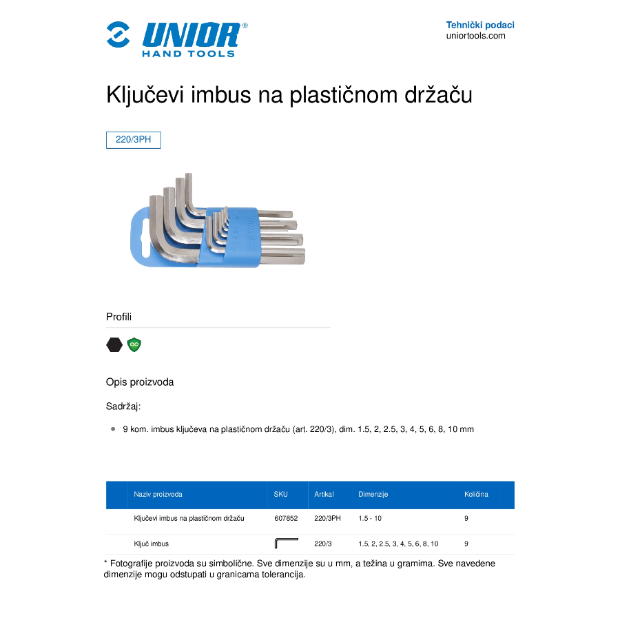 UNIOR GARNITURA IMBUS KLJUČEVA 1.5-10/9PH U220/3 - UNIOR | Ecomex DOO Čačak