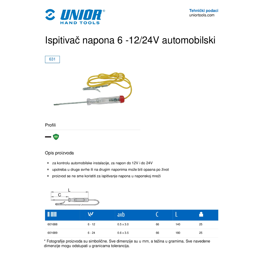 UNIOR ISPITIVAČ NAPONA 6-24V U631 - Alati za rad pod naponom VDE ...