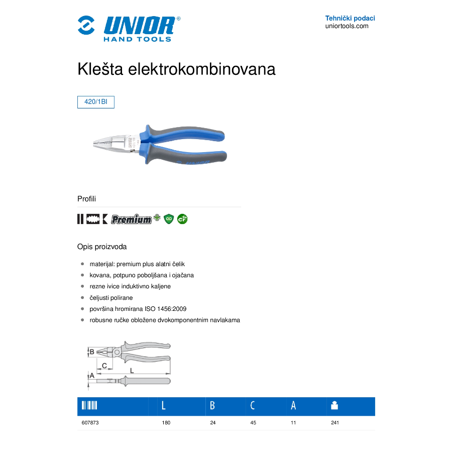 UNIOR KLEŠTA KOMBINOVANA ELEKTRIČARSKA 180 U420/ - UNIOR | Ecomex DOO Čačak