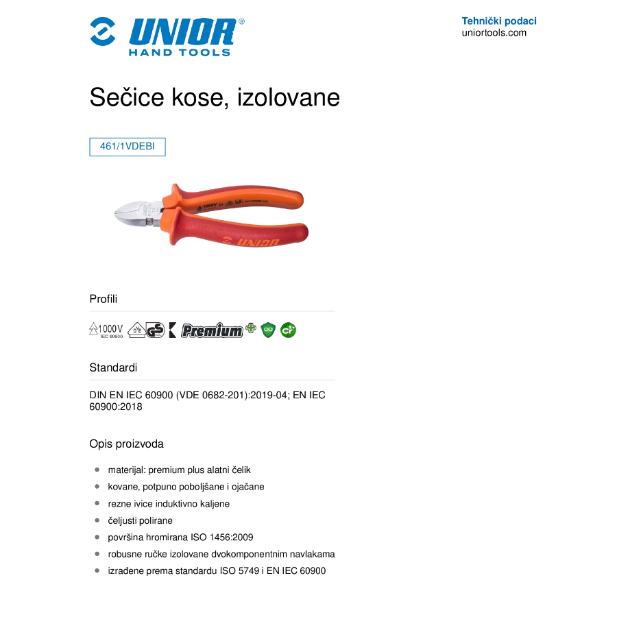 UNIOR KLESTA SEČICE BOČNE 160mm U461/1 VDE BI - Alati za rad pod ...