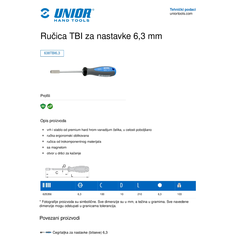 UNIOR RUČICA ZA BIT 6,3mm U638TBI - UNIOR | Ecomex DOO Čačak
